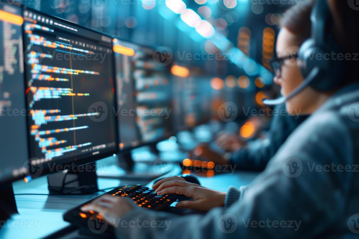 Focused Programmer With Headset Working Late Coding On Multiple Monitors In A Modern Tech