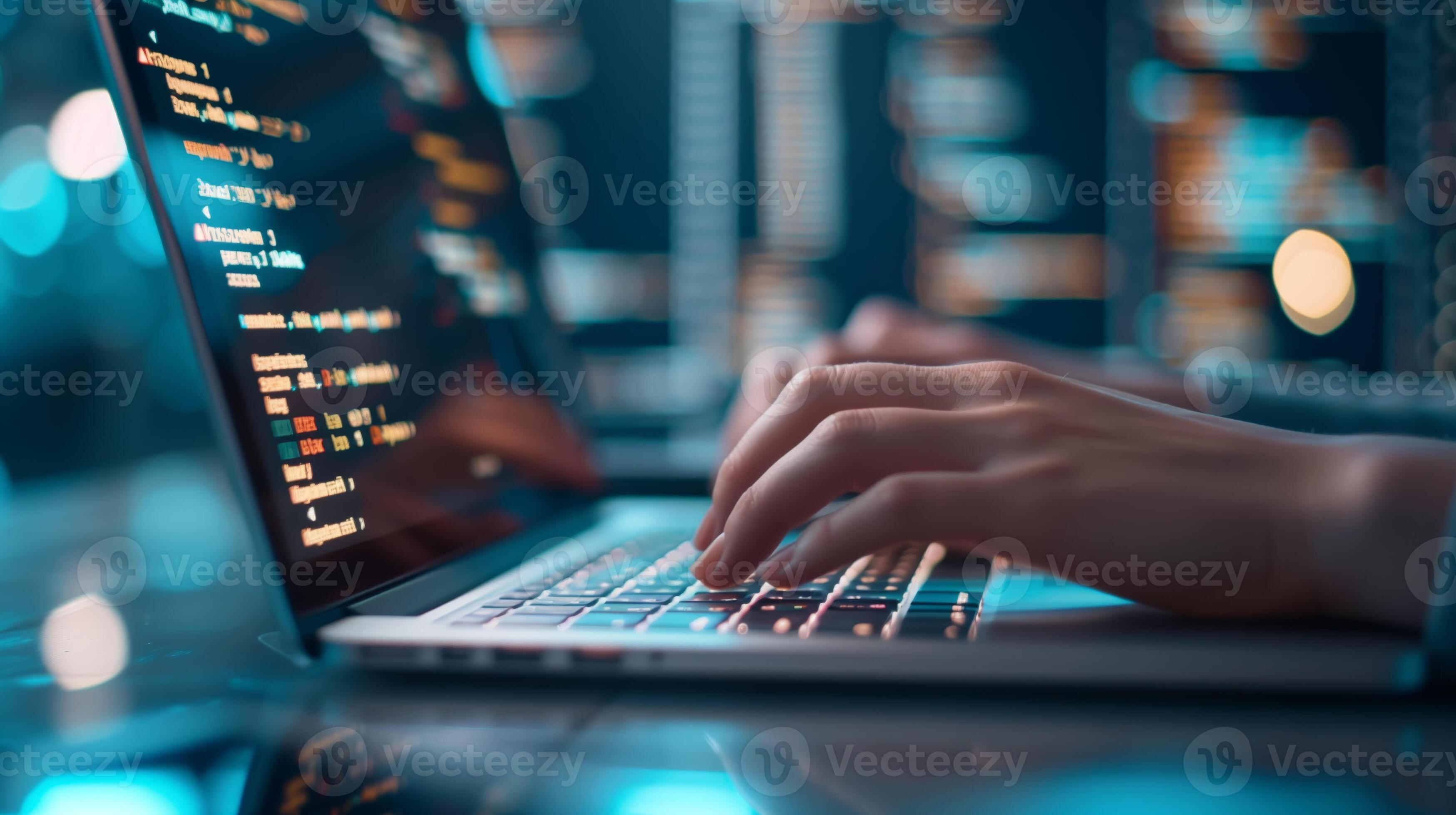 Close-up of hands typing code on a laptop, symbolizing software development, programming, and ...