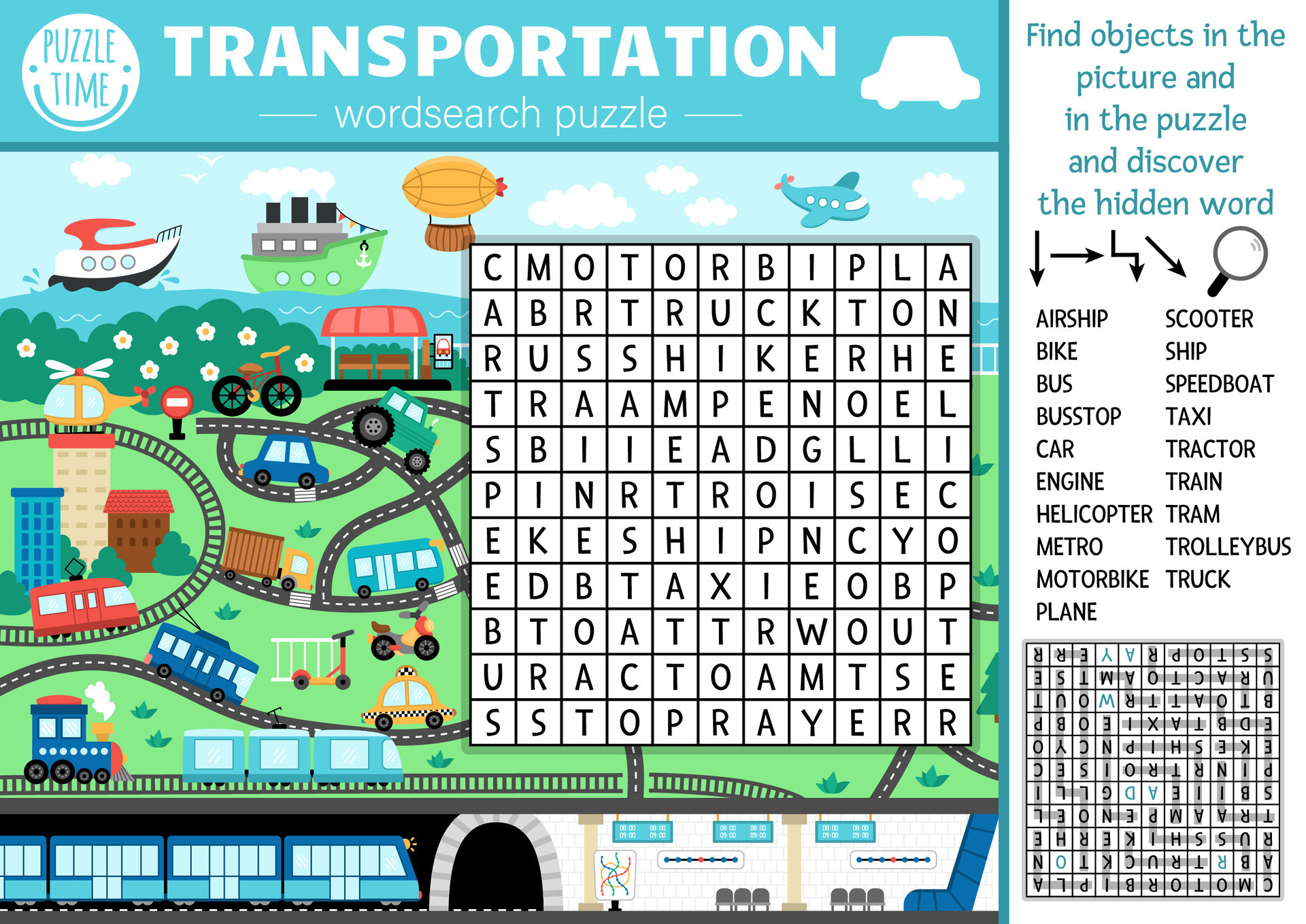 transportation wordsearch puzzle for kids. Simple word search quiz with ...
