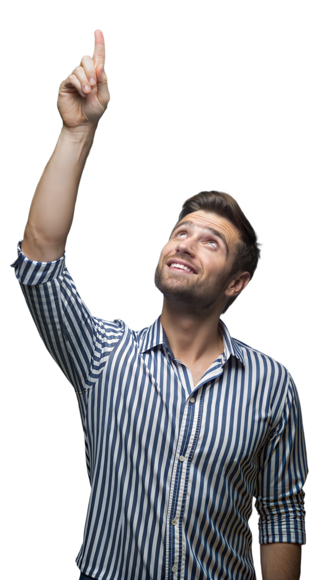 Man in Striped Shirt Pointing Upwards With a Smile 48059137 PNG