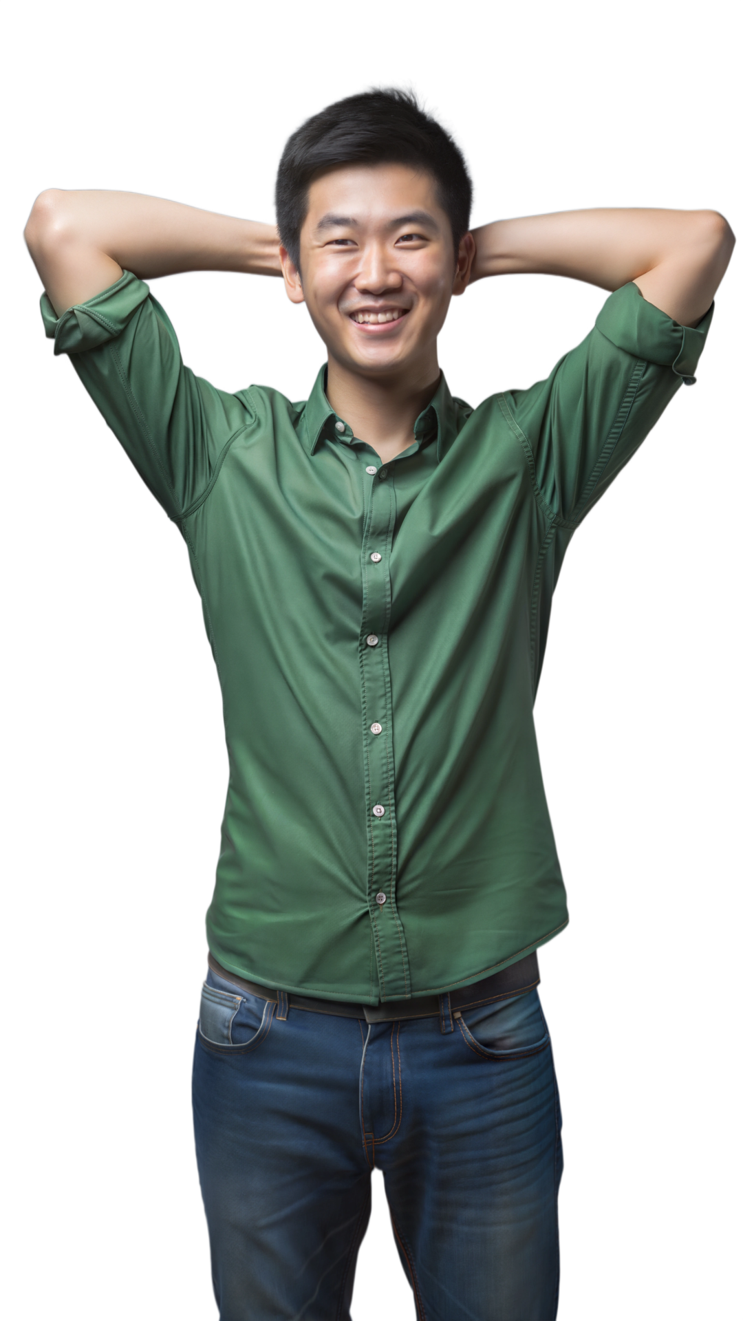 Smiling Man With Hands Behind Head Wearing Green Shirt And Blue Jeans 48059172 Png