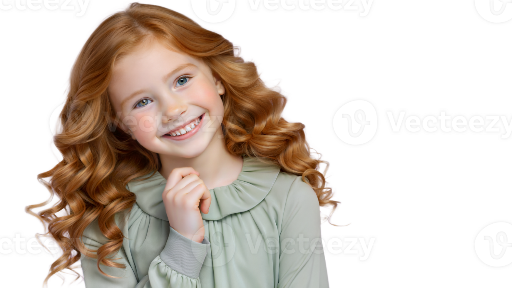 Smiling Young Girl With Red Curly Hair Wearing A Green Blouse Against A