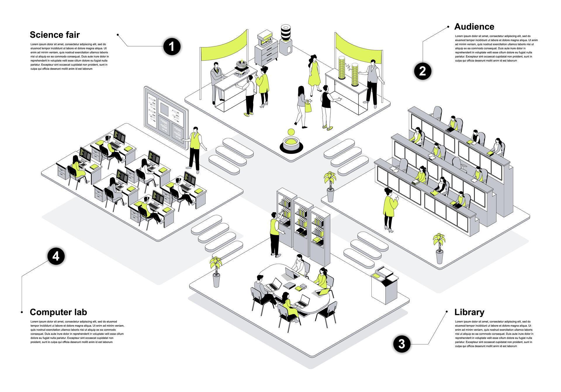 University 3d isometric concept in outline design for web. People ...