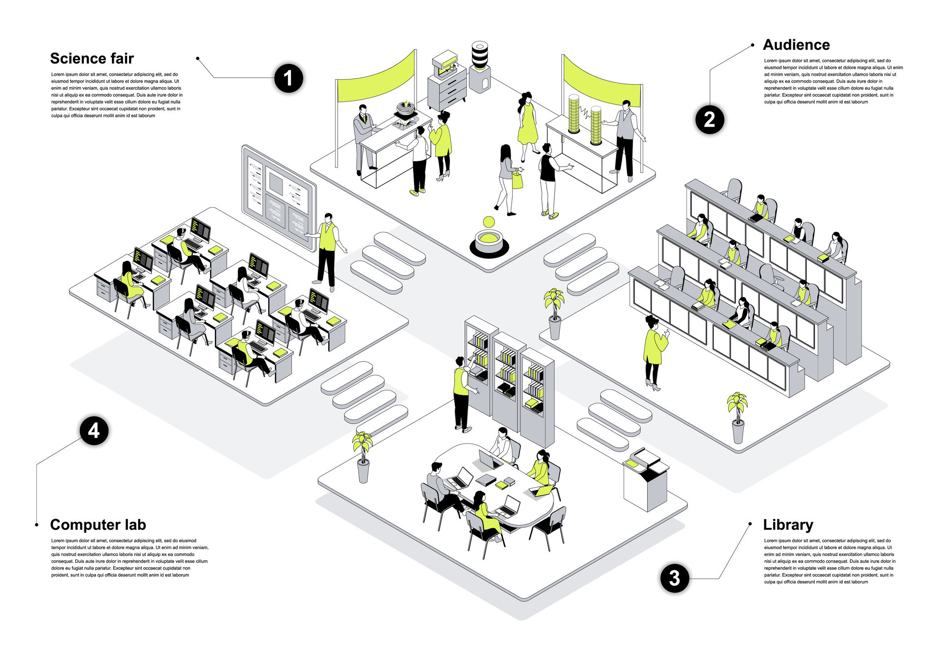 University 3d isometric concept in outline design for web. People learning in isometry audience ...