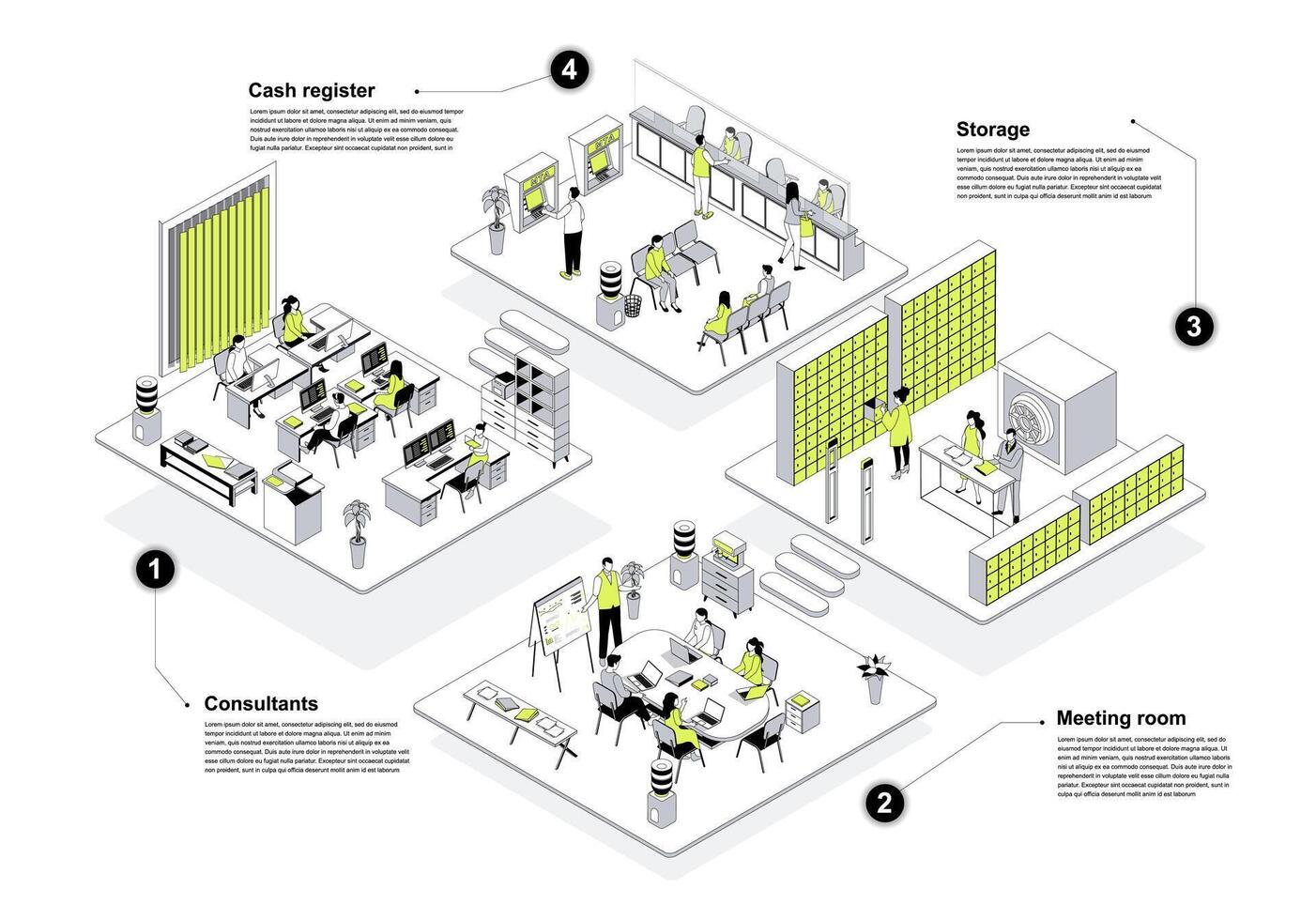 Bank 3d Isometric Concept In Outline Design For Web People Working In Isometry Rooms