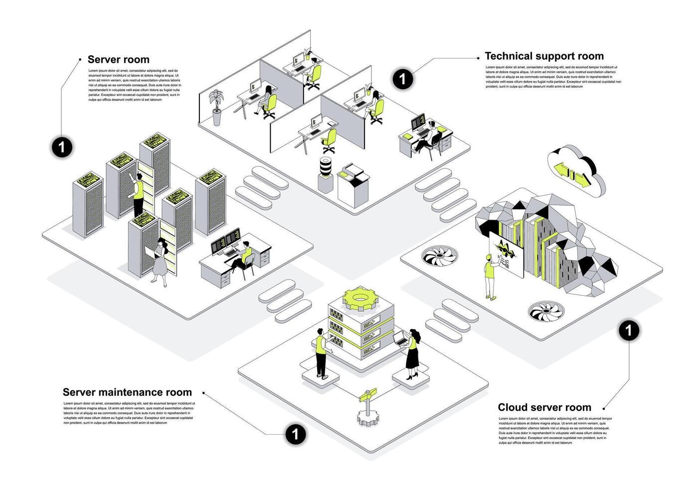 Data Center 3d Isometric Concept In Outline Design For Web People Working In Isometry Rooms In