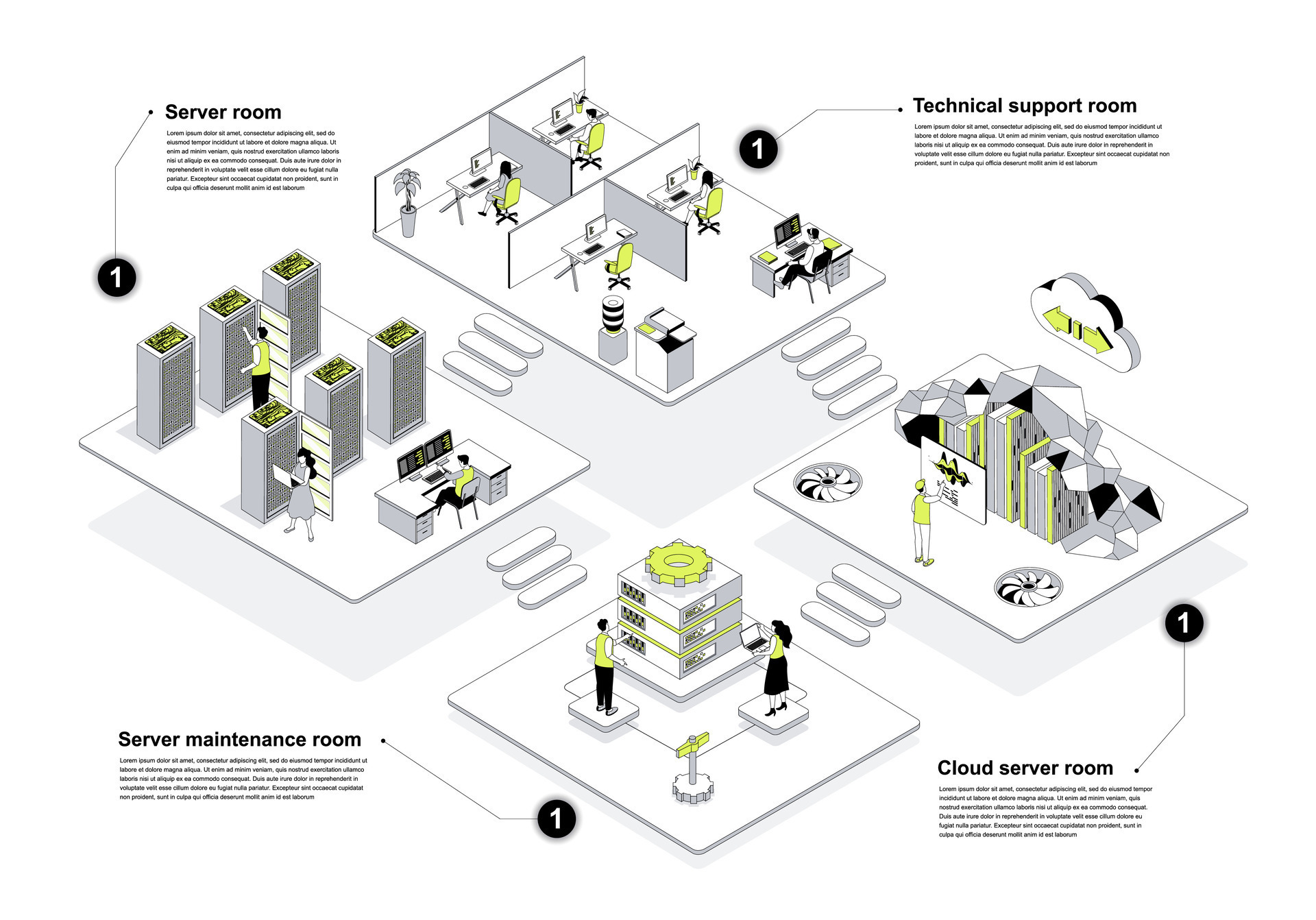 Data Center 3d Isometric Concept In Outline Design For Web People Working In Isometry Rooms In