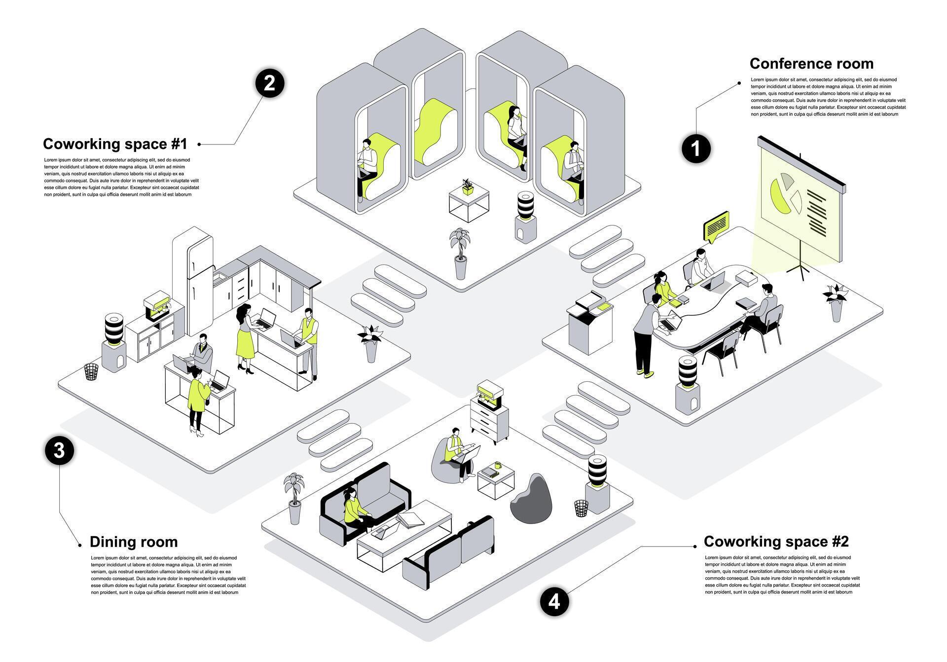 Coworking Space 3d Isometric Concept In Outline Design For Web People Working In Isometry Rooms