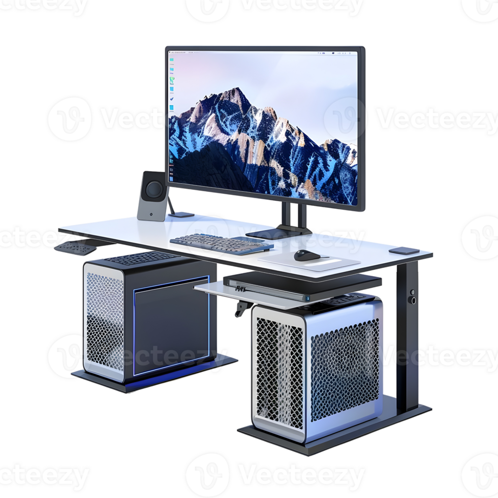 Modern computer desk setup with dual monitors and storage Isolated on transparent background ...