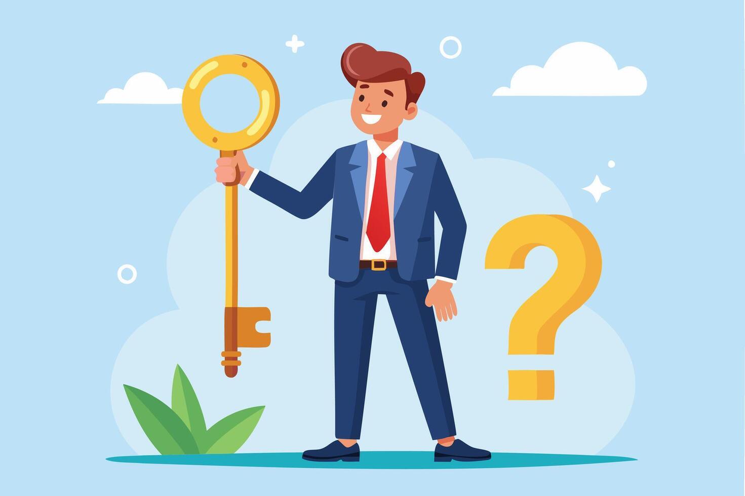 Businessman Holding Golden Key to Unlock Question Mark, Symbolizing ... Businessman Holding Golden Key to Unlock Question Mark, Symbolizing ...