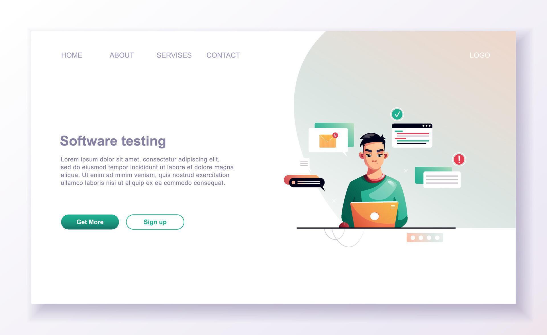 Programming concept, web engineer at work. Developer programming web site landing page template ...