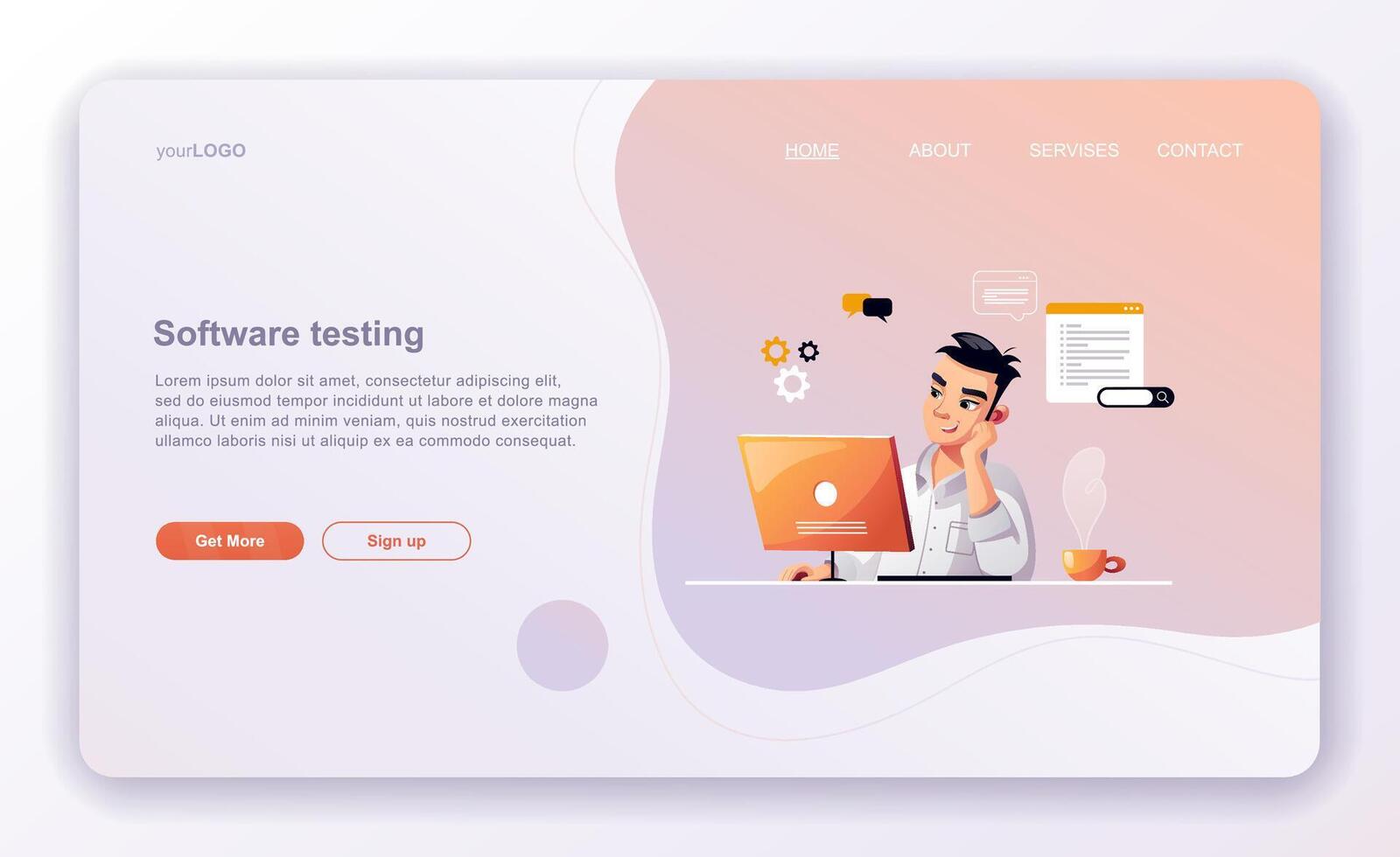 Programming concept, web engineer at work. Developer programming web site landing page template ...