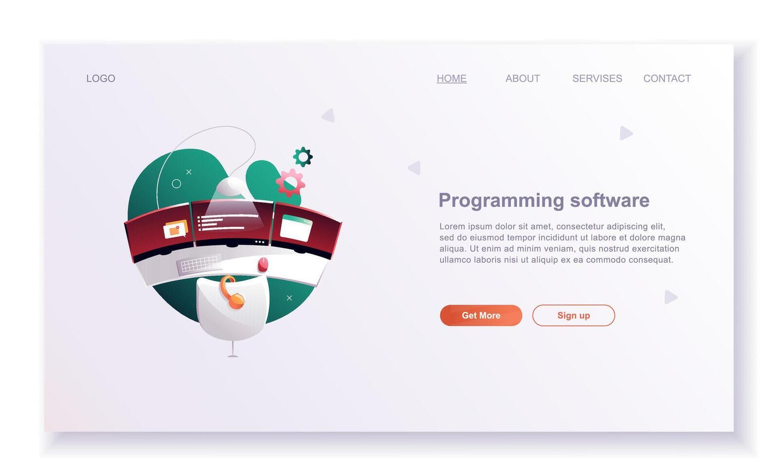 Programming concept, web engineer at work. Developer programming web site landing page template ...