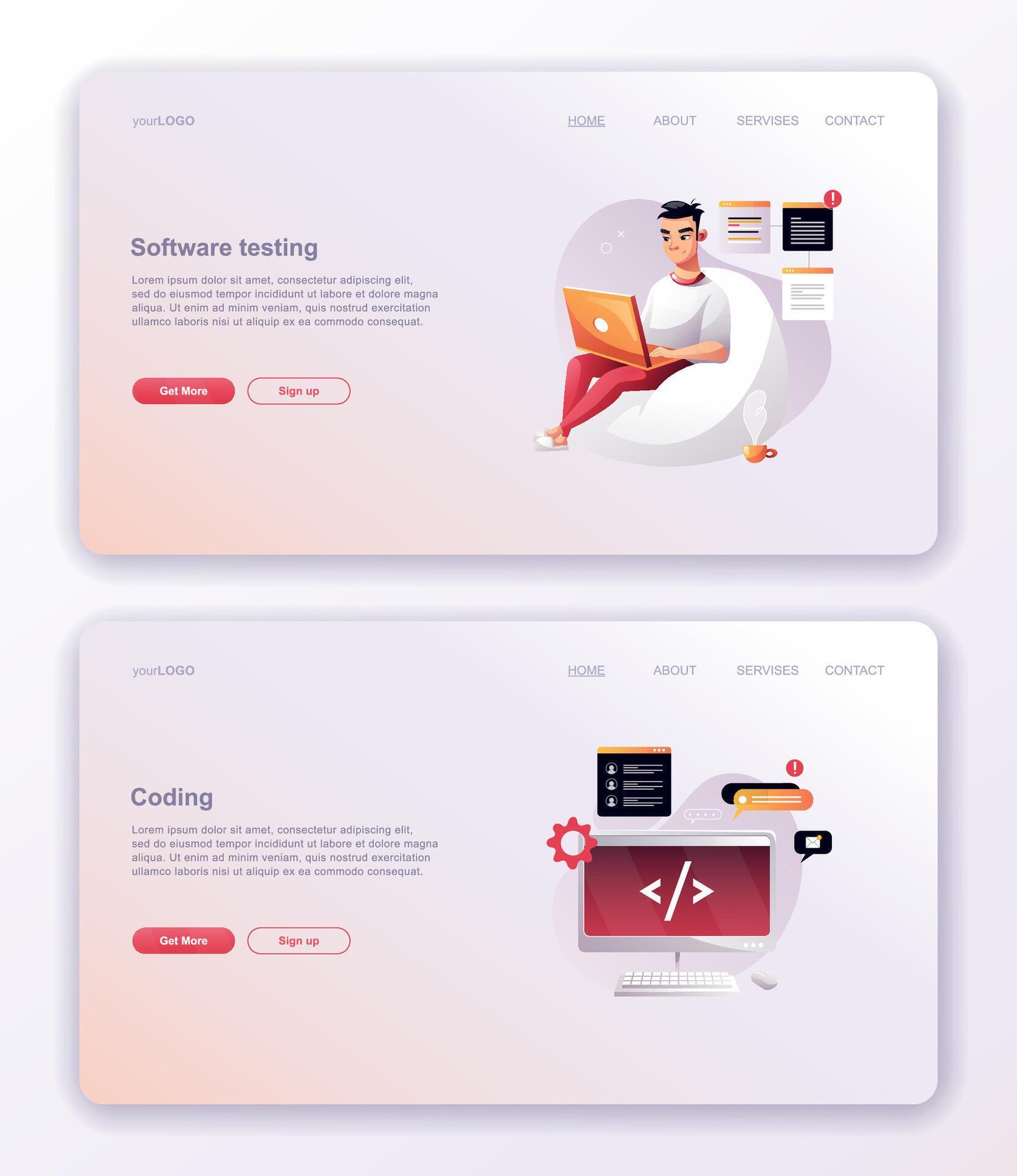 Programming concept, web engineer at work. Developer programming web site landing page template ...