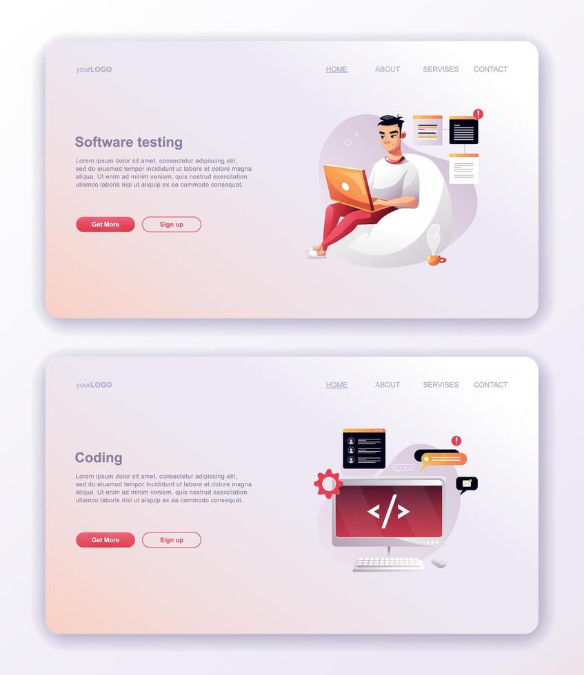 Programming concept, web engineer at work. Developer programming web site landing page template ...