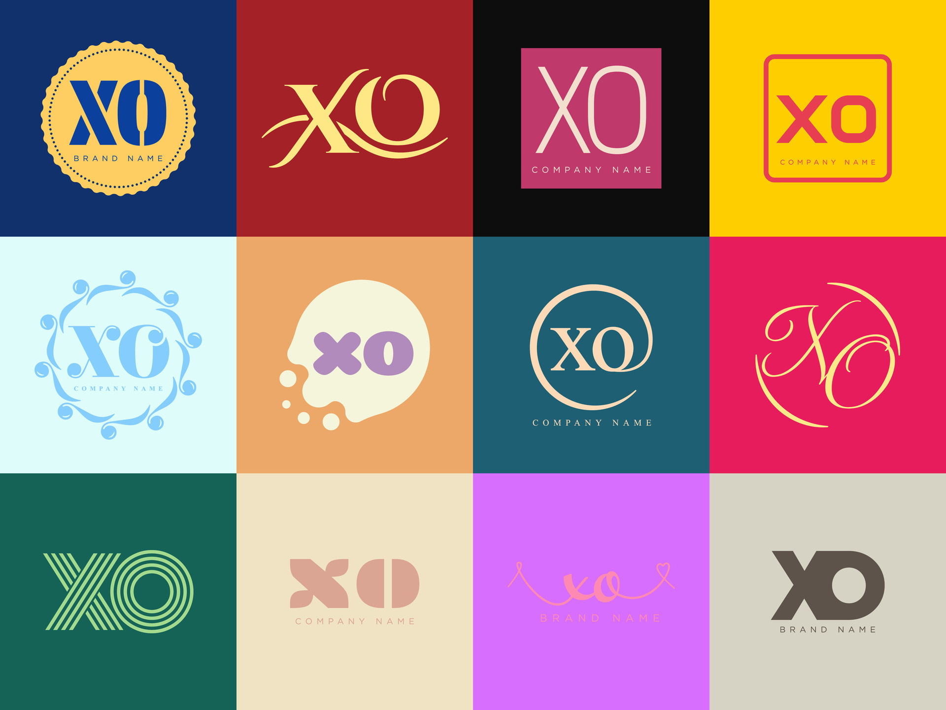 XO logo company template. Letter x and o logotype. Set different classic serif lettering and ...