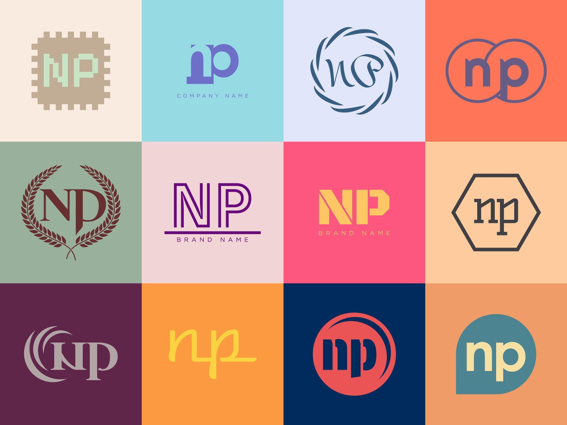 NP logo company template. Letter n and p logotype. Set different classic serif lettering and ...