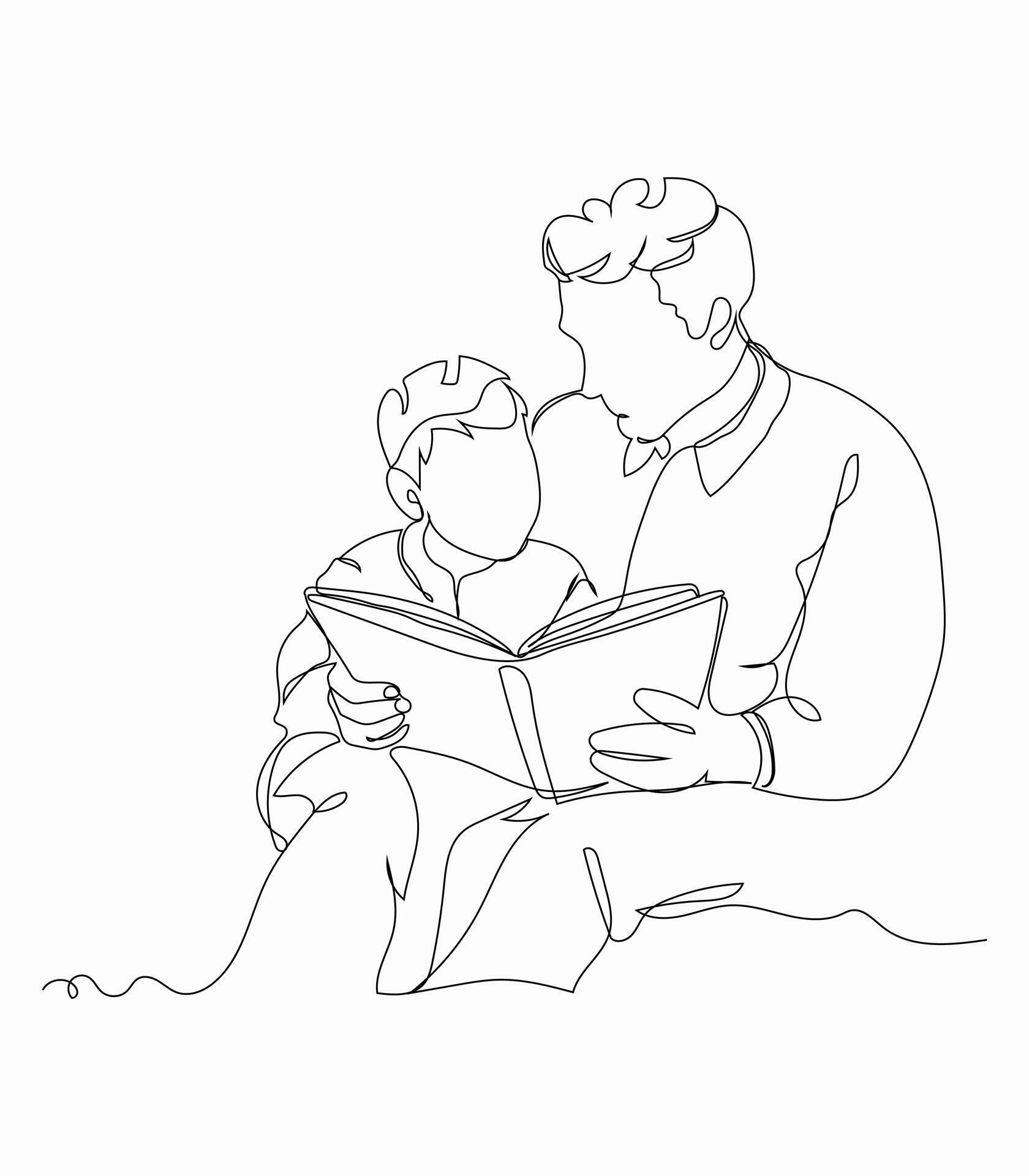 Father little kid line drawing. Abstract family continuous line art ...
