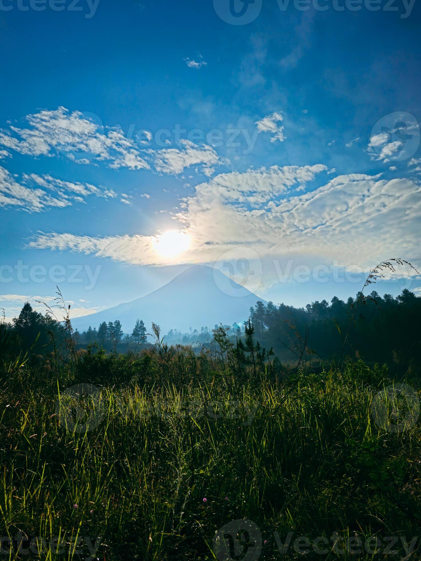 Panoramic view of Mount Merapi from a distance of 7 km before midday ...