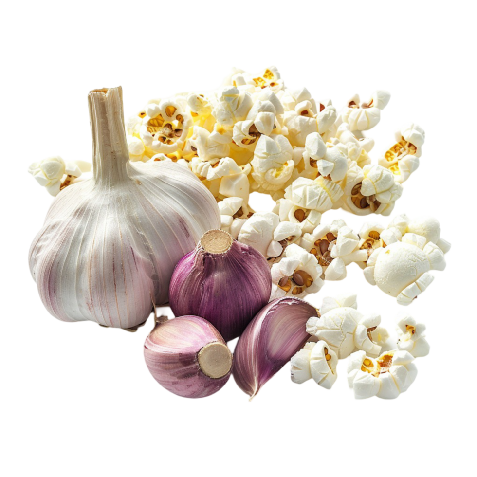Pile of Garlic Cloves and Popcorn Kernels on Transparent background AI-Generative 48109904 PNG