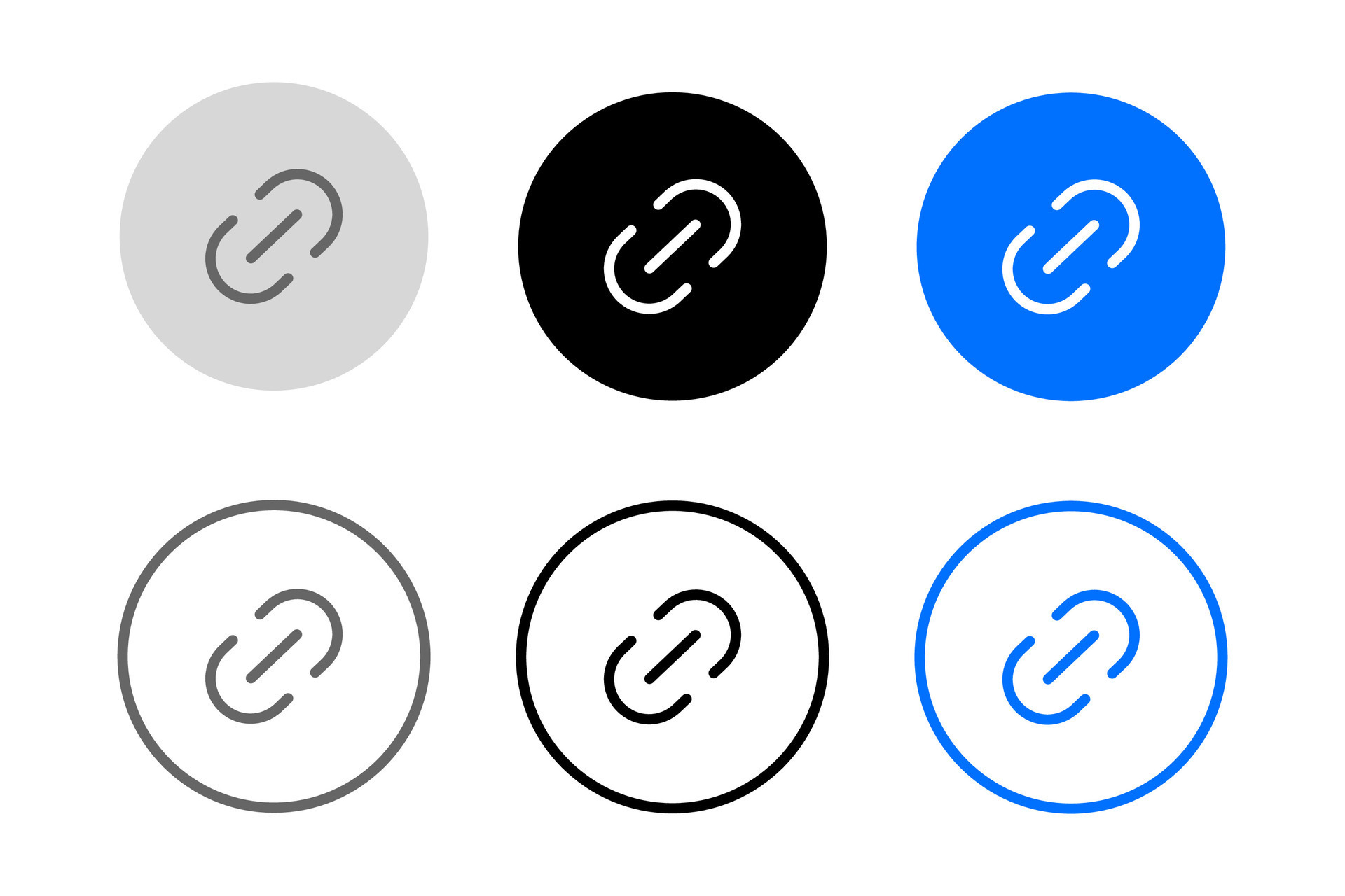 Set of share icon. Link button sign. Url symbol. Link chain icon. Grey, blue and black button ...