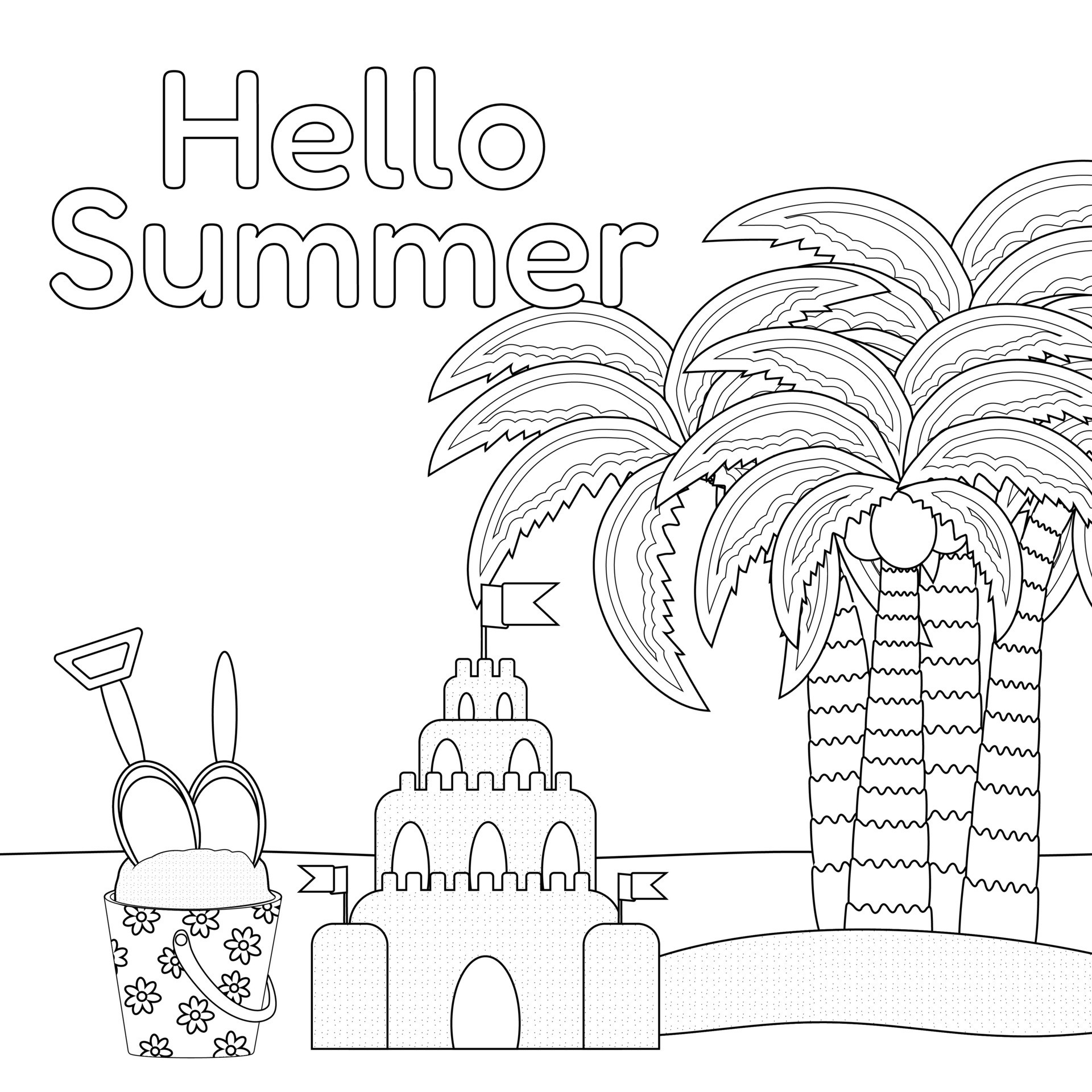 Fun summer beach coloring page with sandcastle, scoops, palm trees, and ...