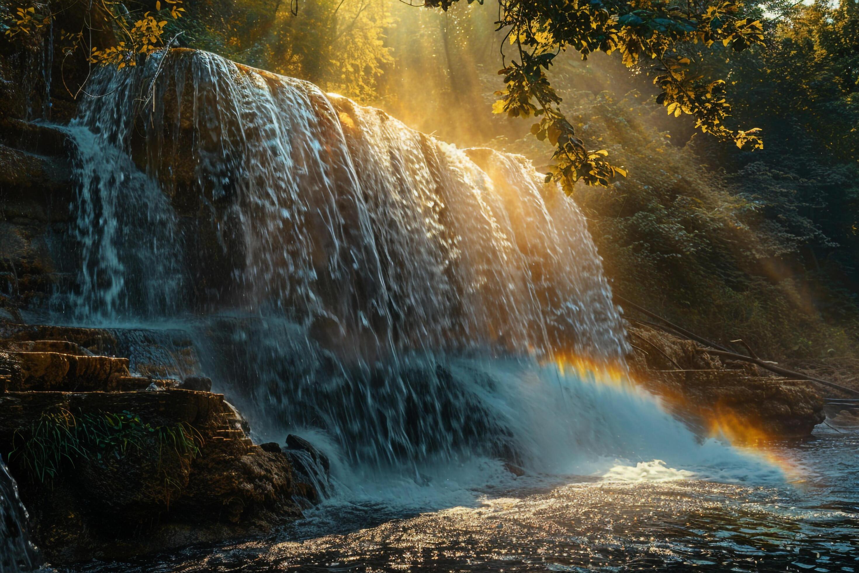 Waterfall with rainbow in sunlight background 48138569 Stock Photo at Vecteezy