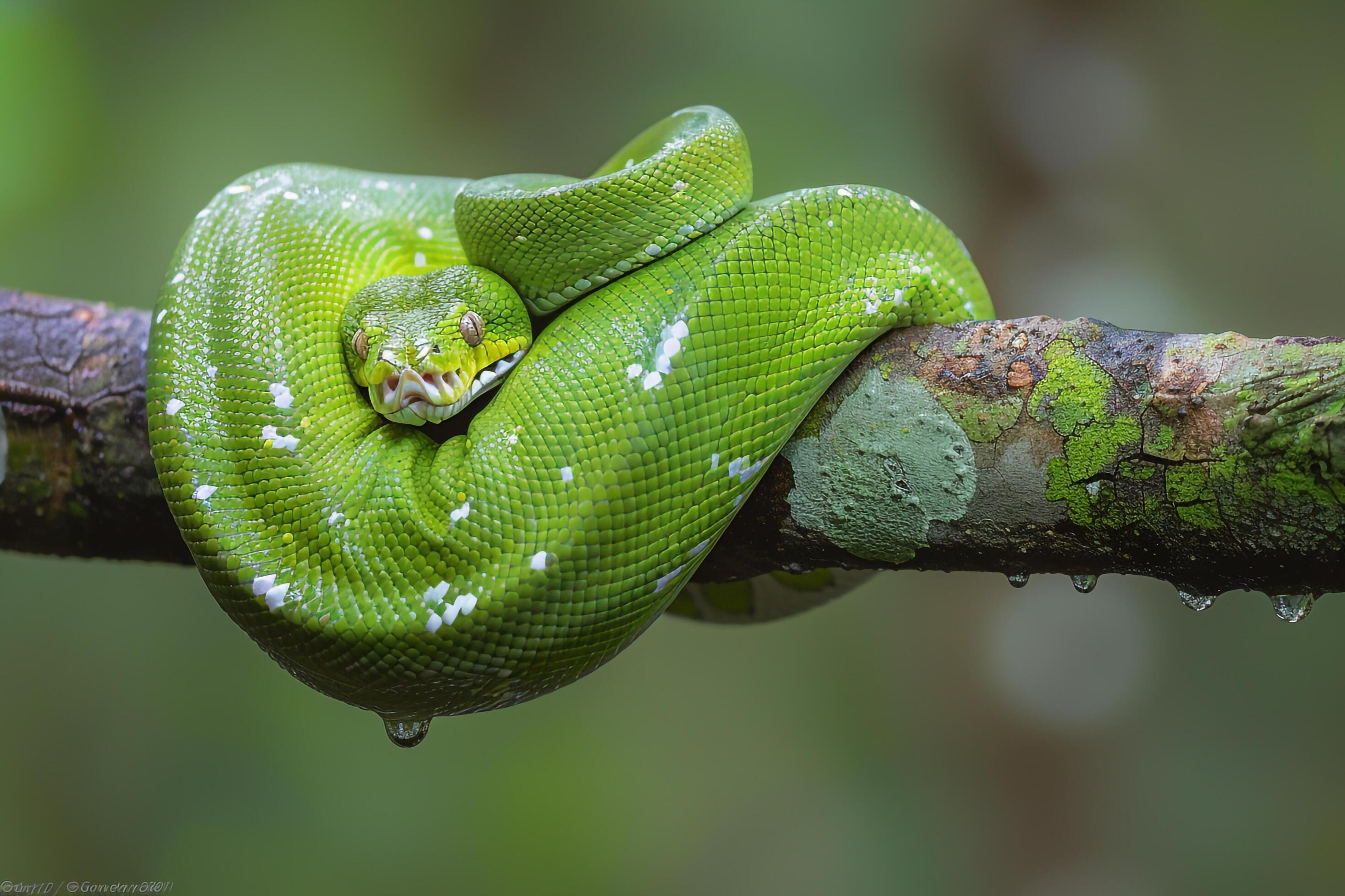a green snake curled up on a branch background 48140876 Stock Photo at ...