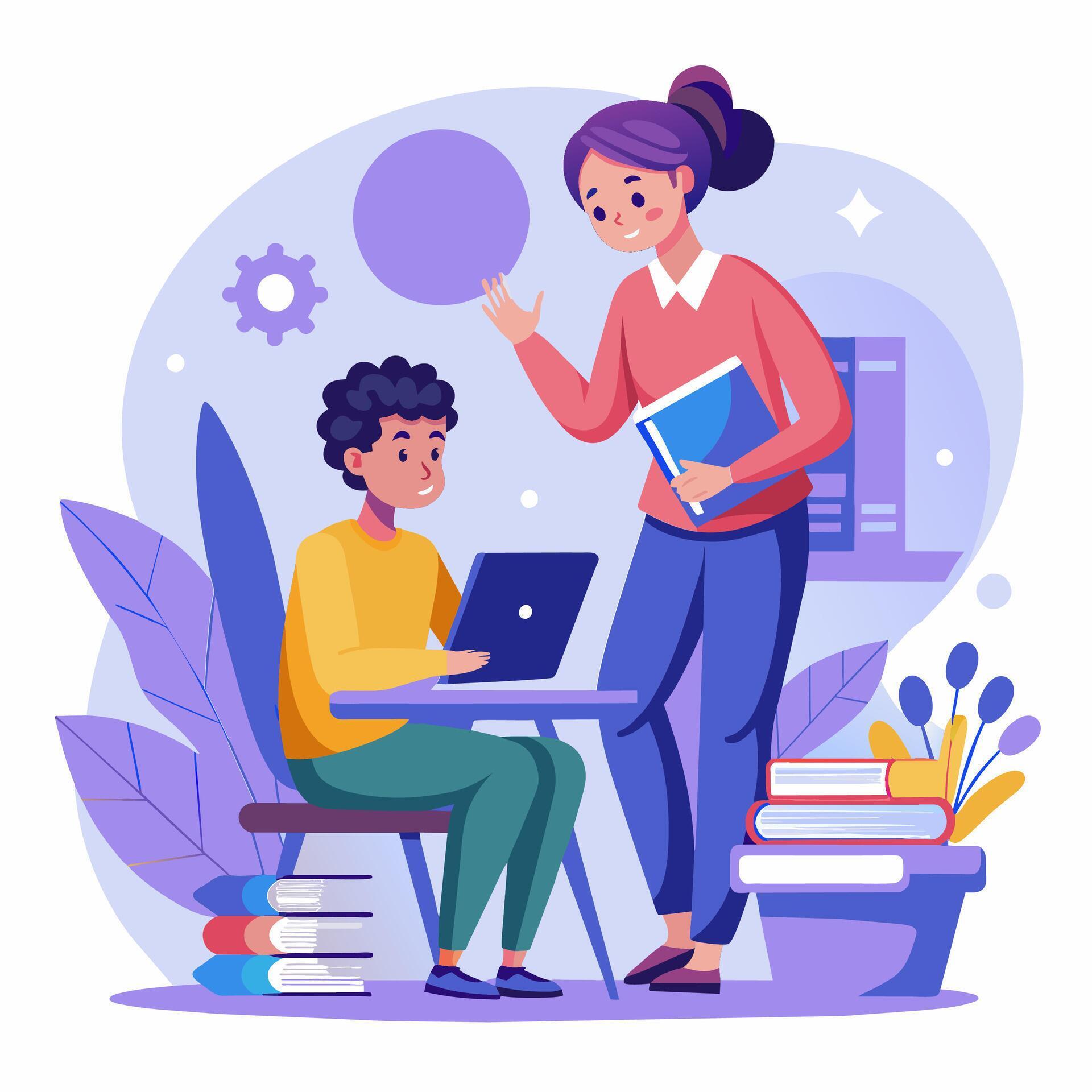 Online Learning Assistance - Teacher Helping Student with Laptop ...