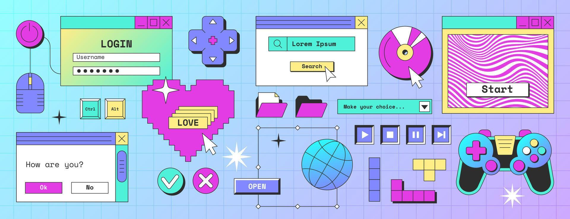 Old desktop pc screen elements in y2k style. Retro computer interface with login box, buttons ...