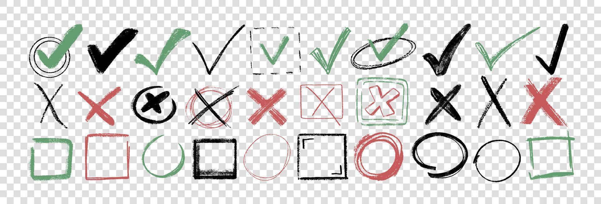 Check marks doodle set. Hand drawn chalk checklist, checkbox, green tick and red cross signs in ...
