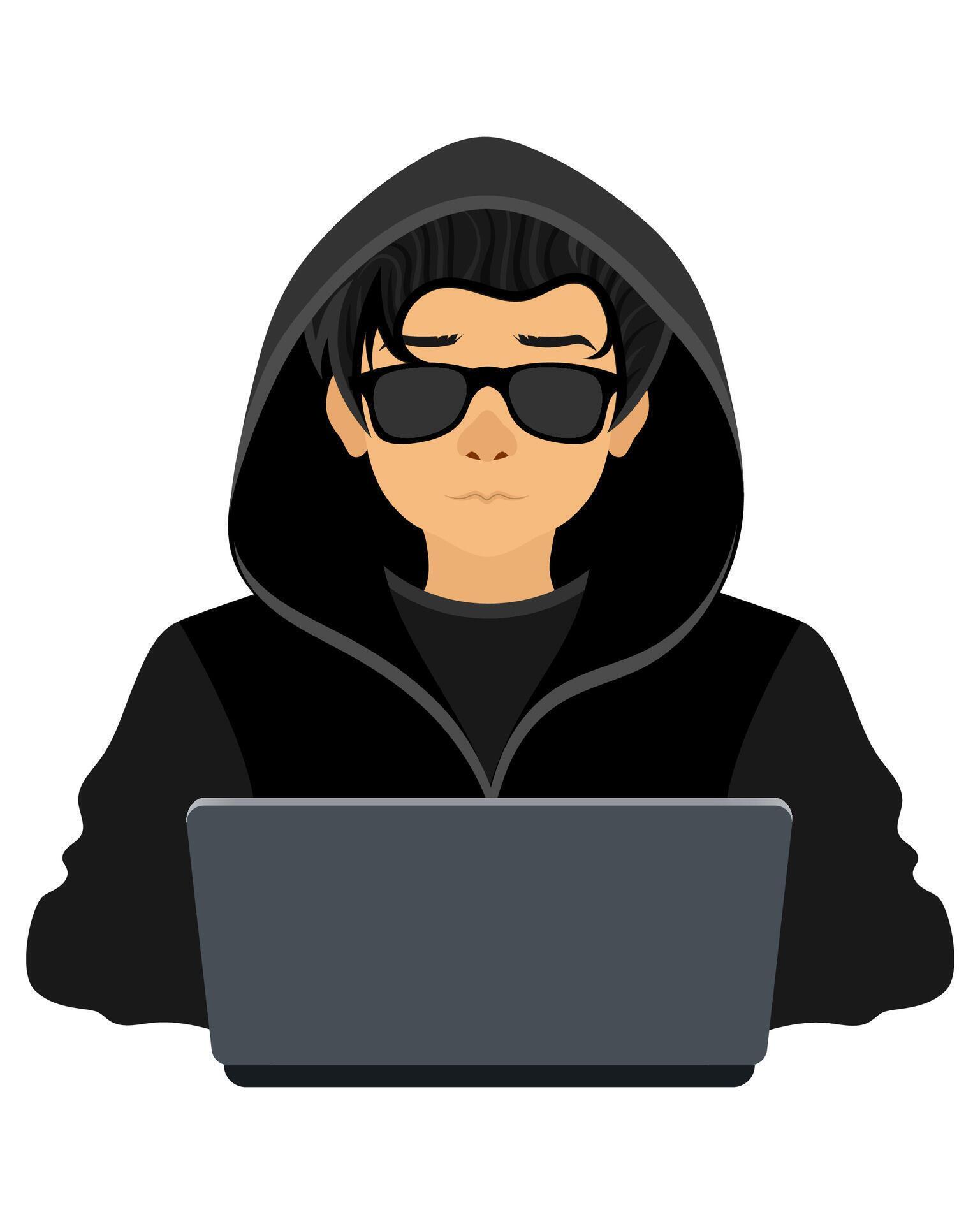 young hacker programmer it specialist coder sitting at a laptop in a sweater with a hood flat ...