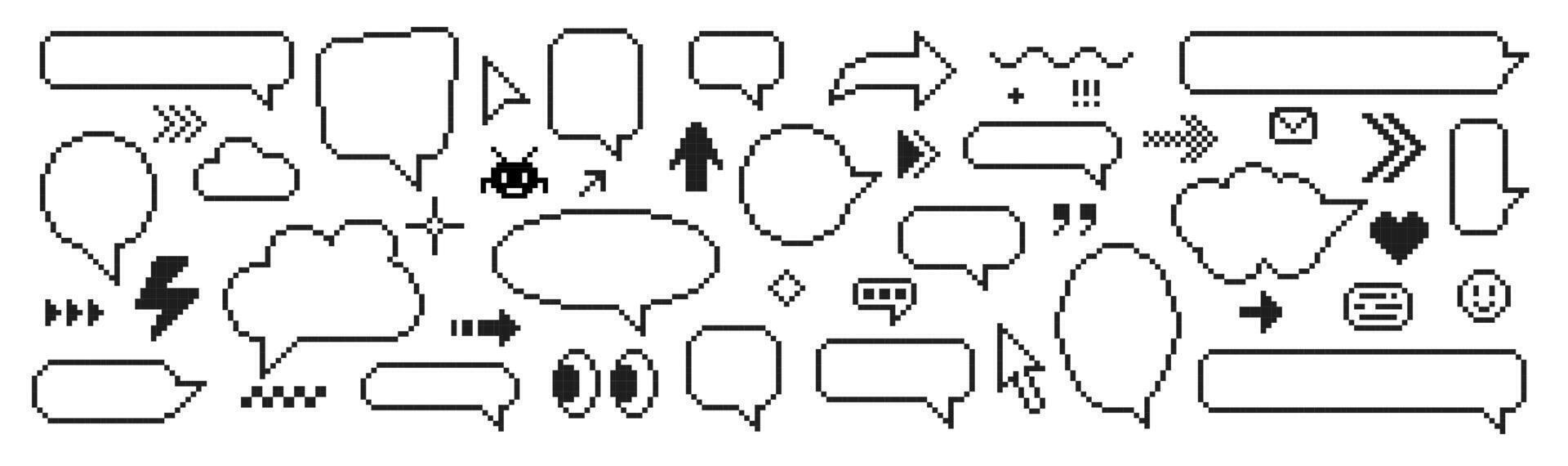 8 bit pixel speech bubbles and dialog boxes with arrows. Message icons ...