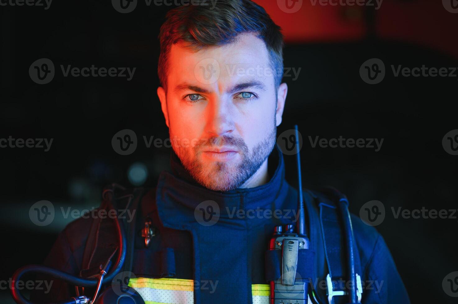 Firefighter portrait on duty. Photo fireman with gas mask and helmet ...