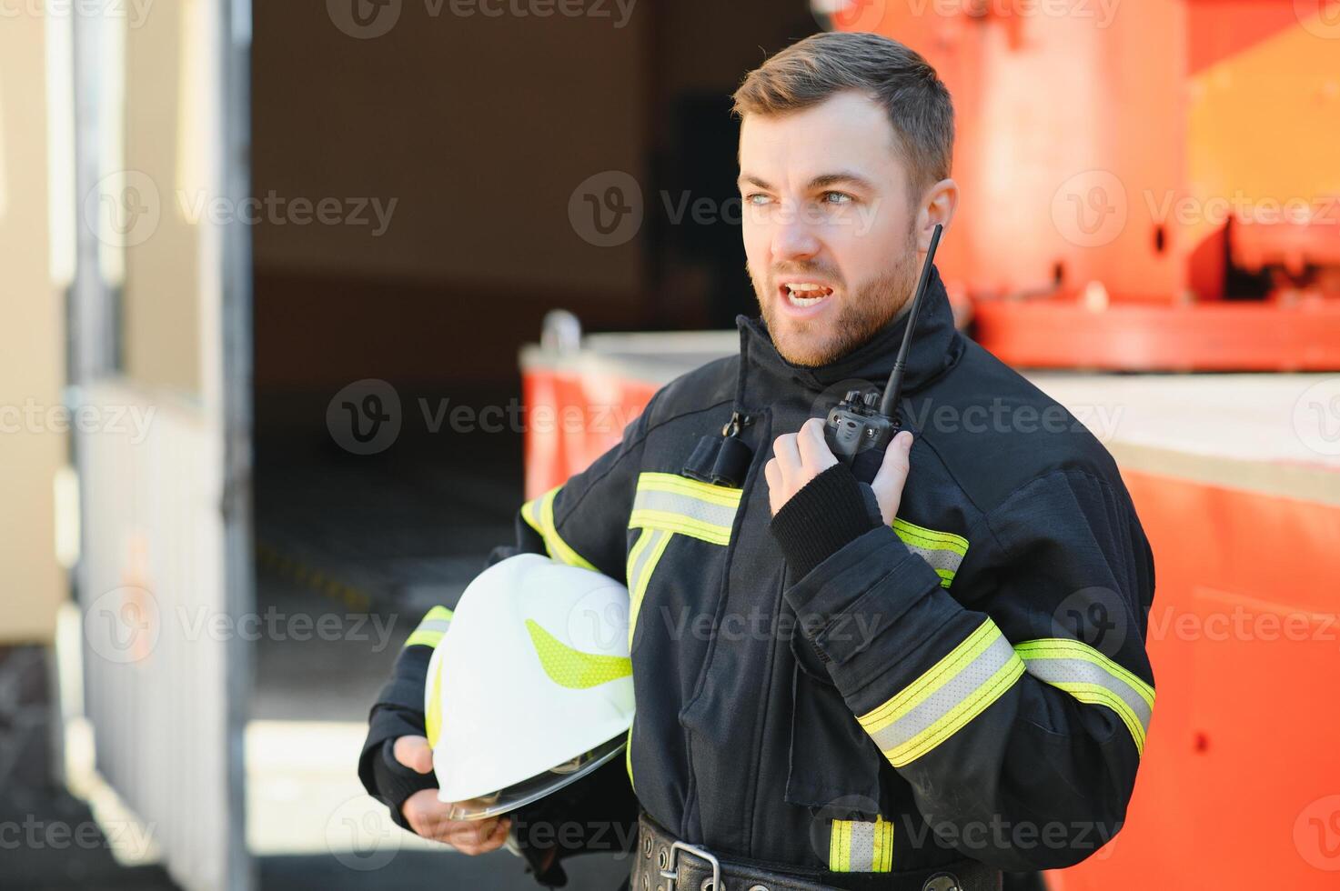 Firefighter portrait on duty. Photo fireman with gas mask and helmet ...