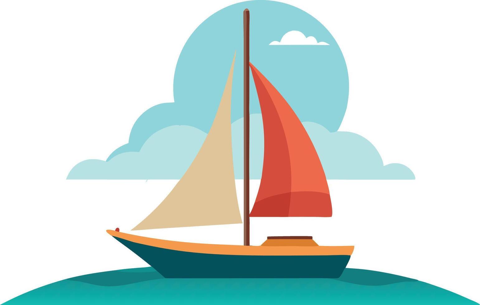 Colorful sailboat illustration on calm sea with bright clouds ...