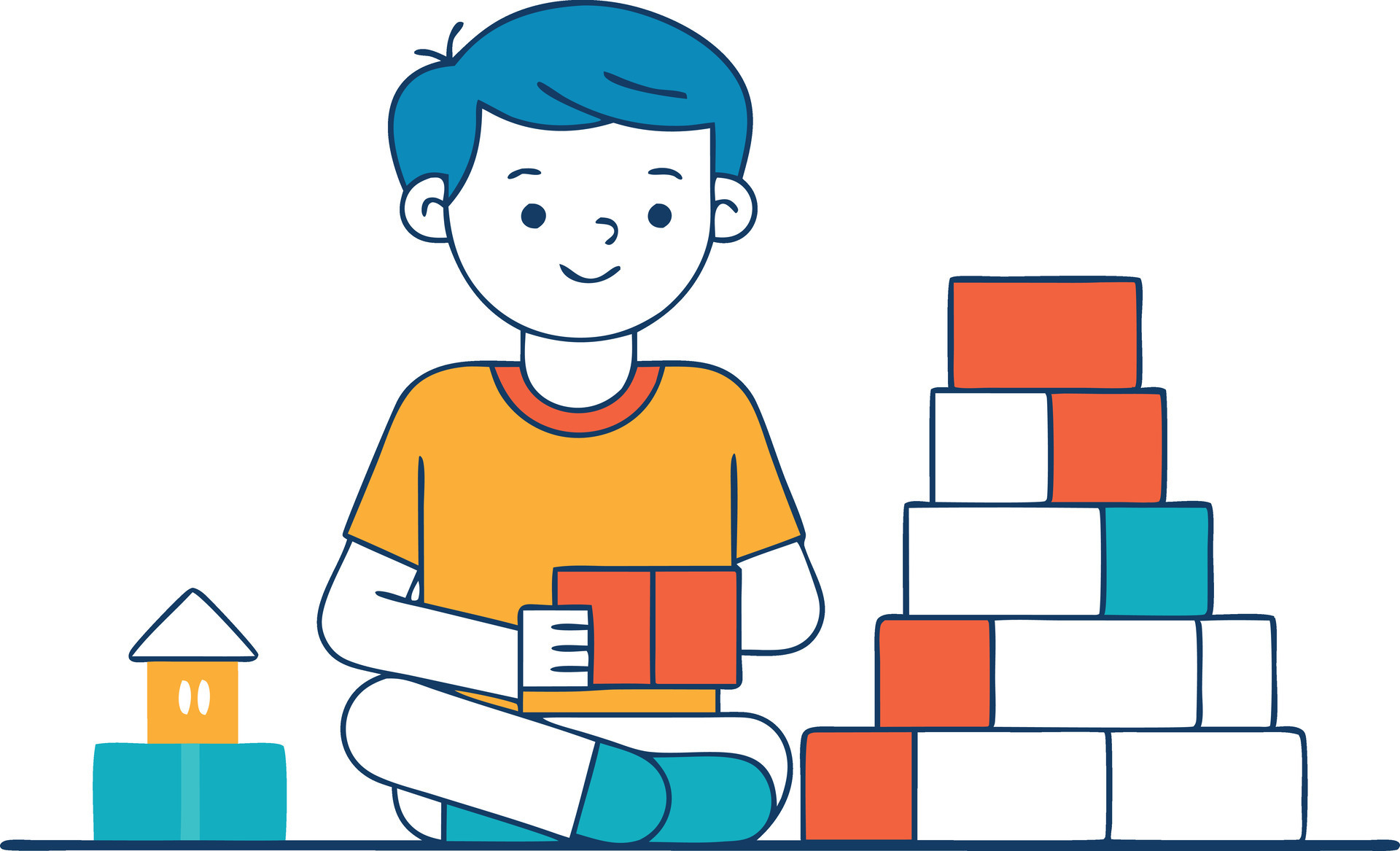 Smiling child playing with building blocks, illustration of creative ...