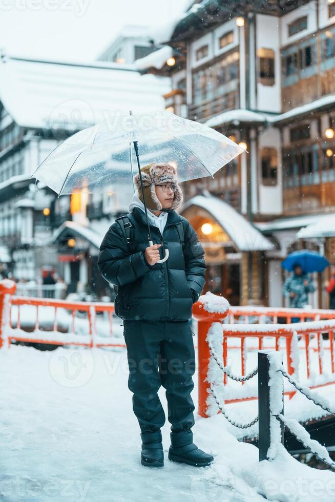 Man Tourist Visiting Ginzan Onsen In Yamagata Happy Traveler Sightseeing Japanese Onsen Village