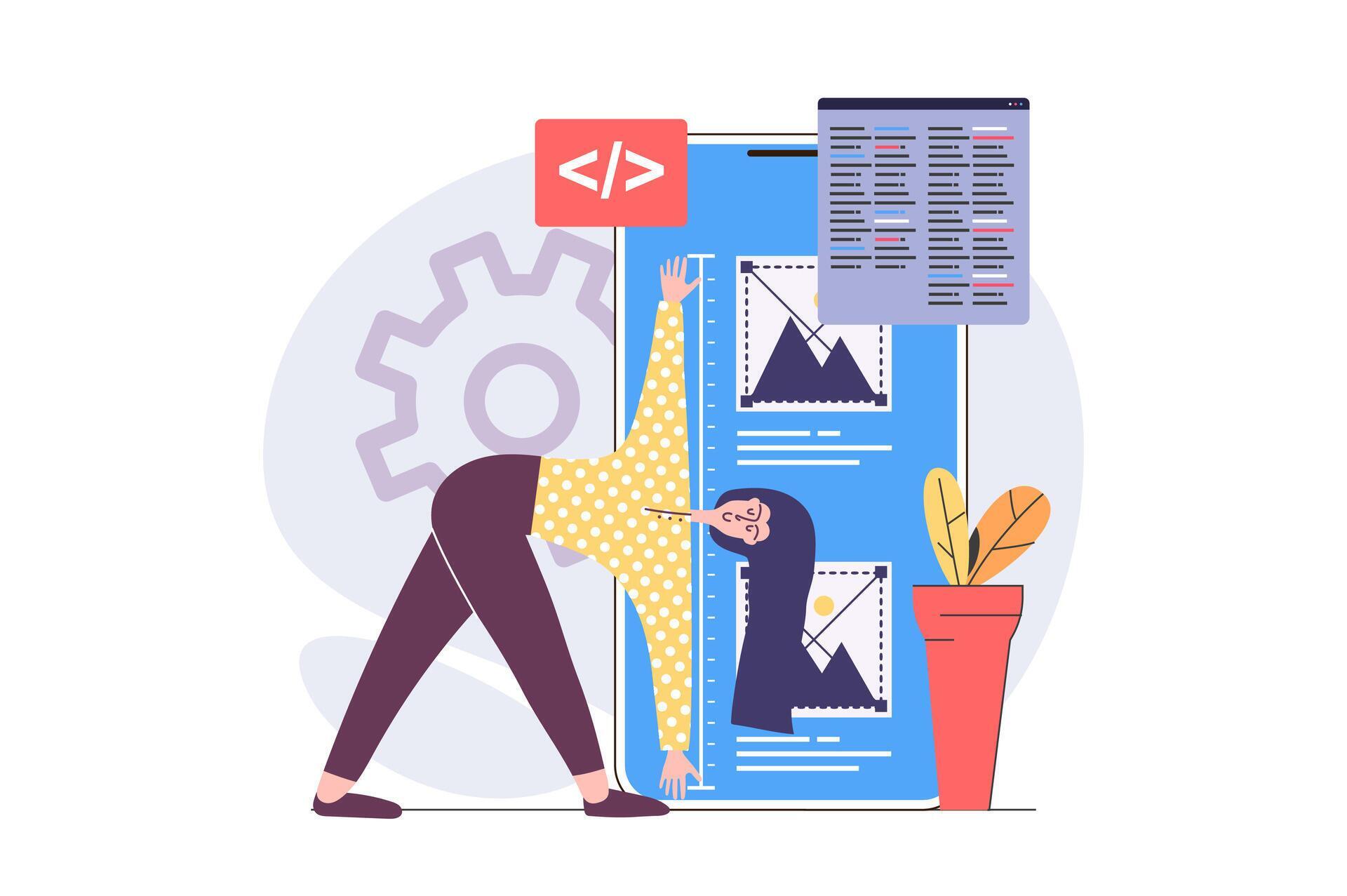 Web development concept in modern flat design for web. Woman developing ...