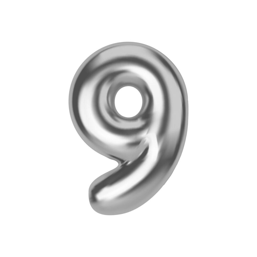 Silver number 9. Foil and latex balloon number nine in 3d style. Realistic design elements ...