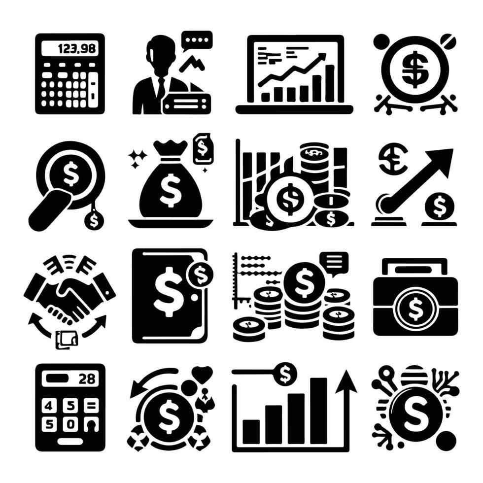 Finance Icon Pack Pure Black Silhouettes on White Background 48263759 ...