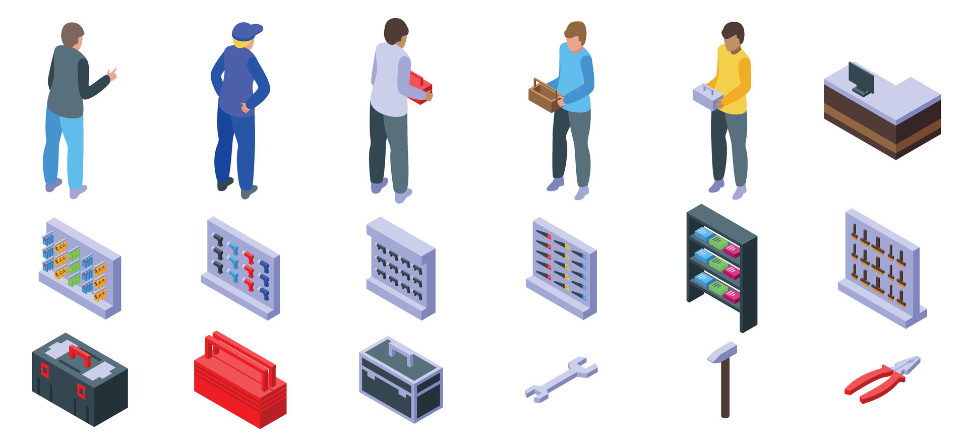 Man buy toolbox icons set. Customers and workers choosing tools in ... Man buy toolbox icons set. Customers and workers choosing tools in ...