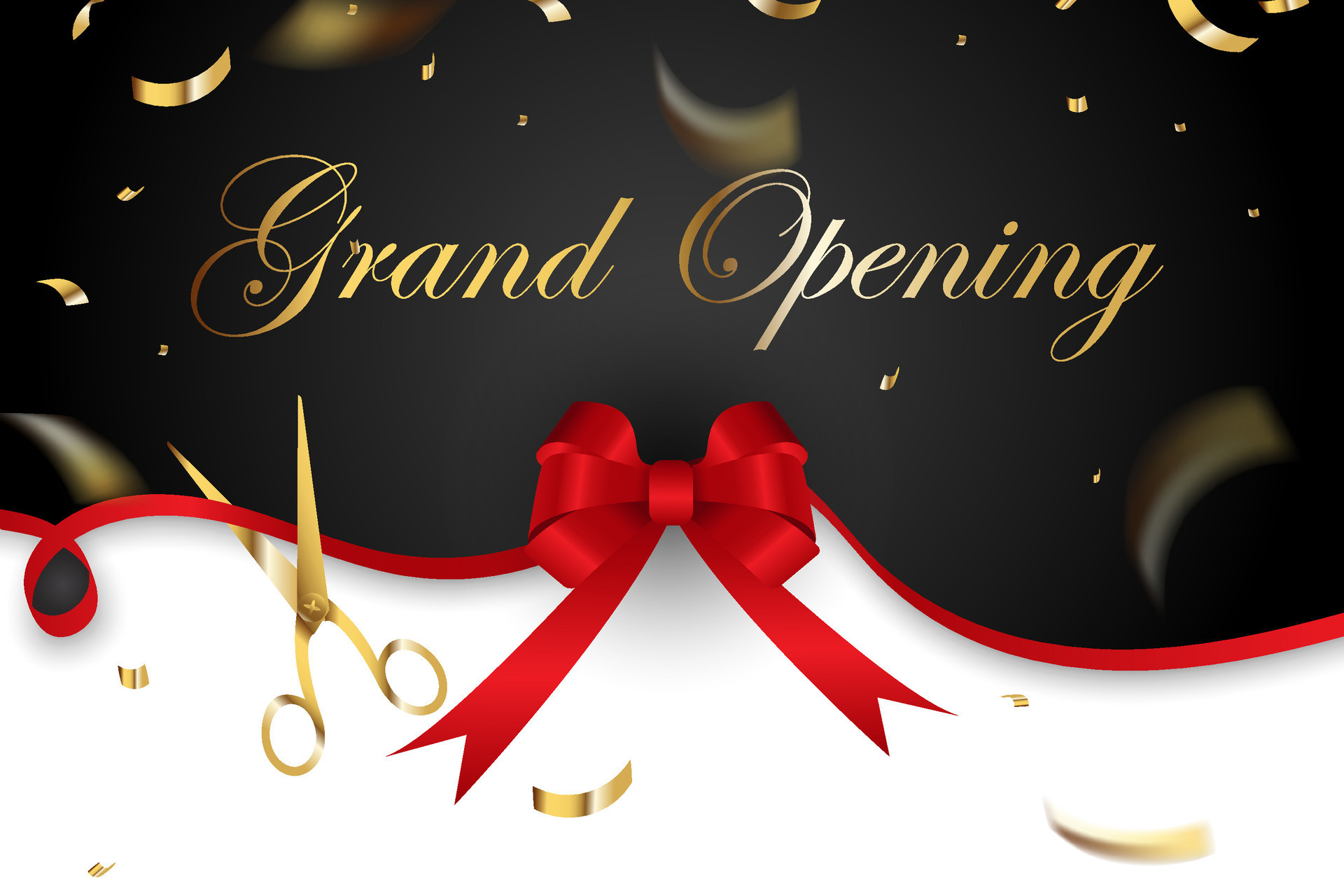 Grand opening card design with red ribbon and gold scissors, gold ... Grand opening card design with red ribbon and gold scissors, gold ...