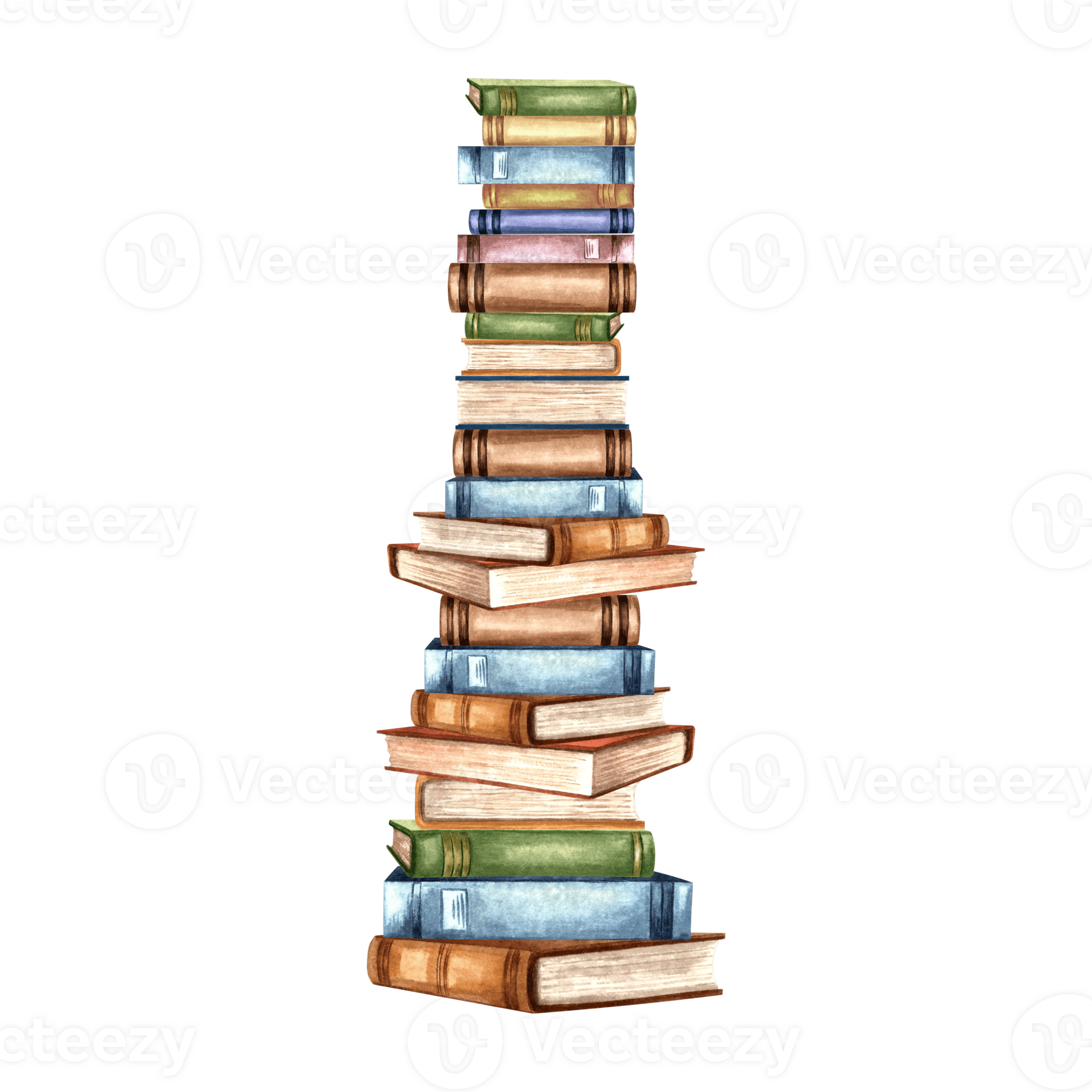 Books Stacked Composition With Textbooks In Vintage Binding Hand Drawn Watercolor Illustration