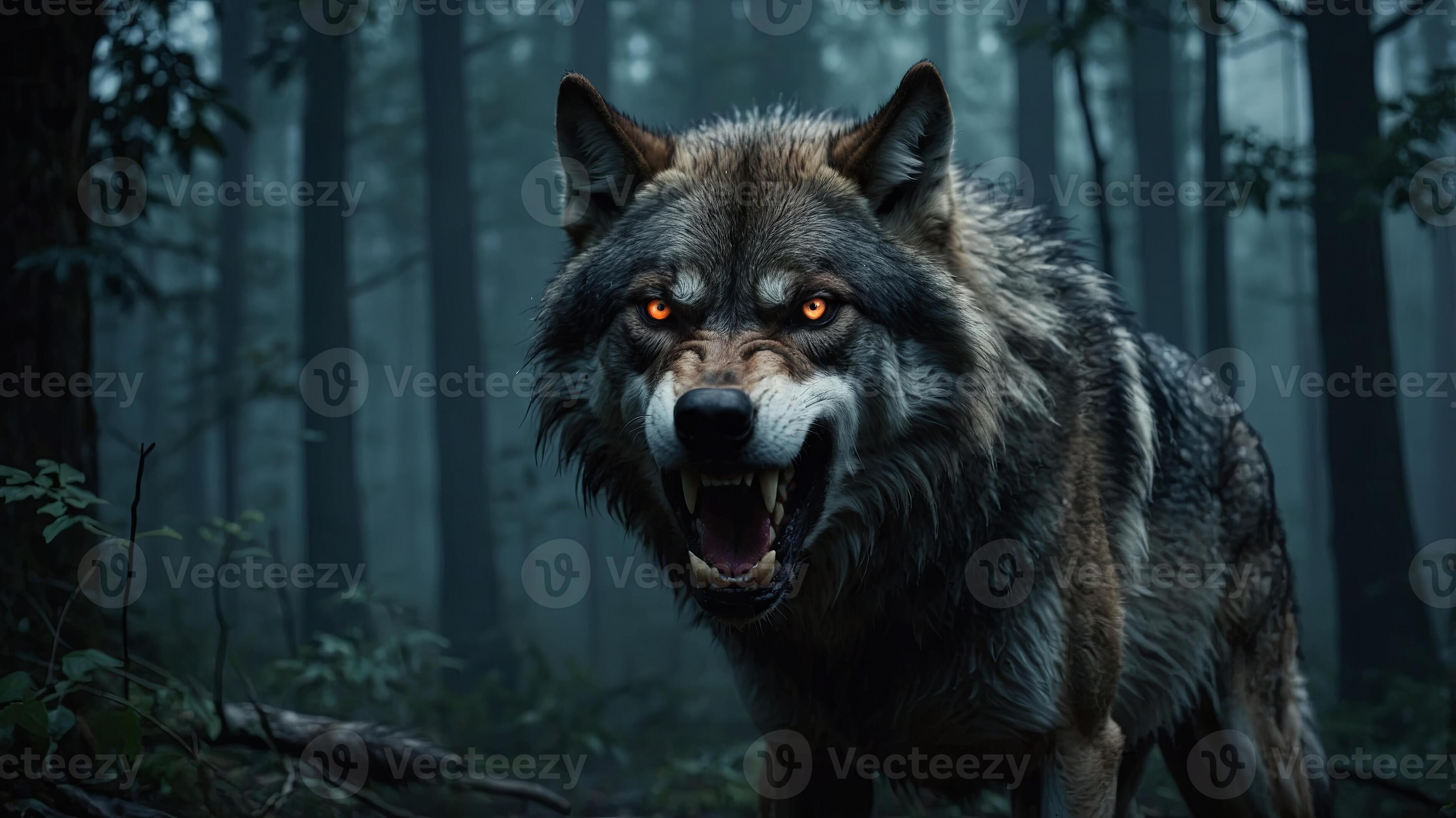 Angry big wolf Werewolf lycanthrope Dark misty forest full moon Evil glowing eyes and sharp ...