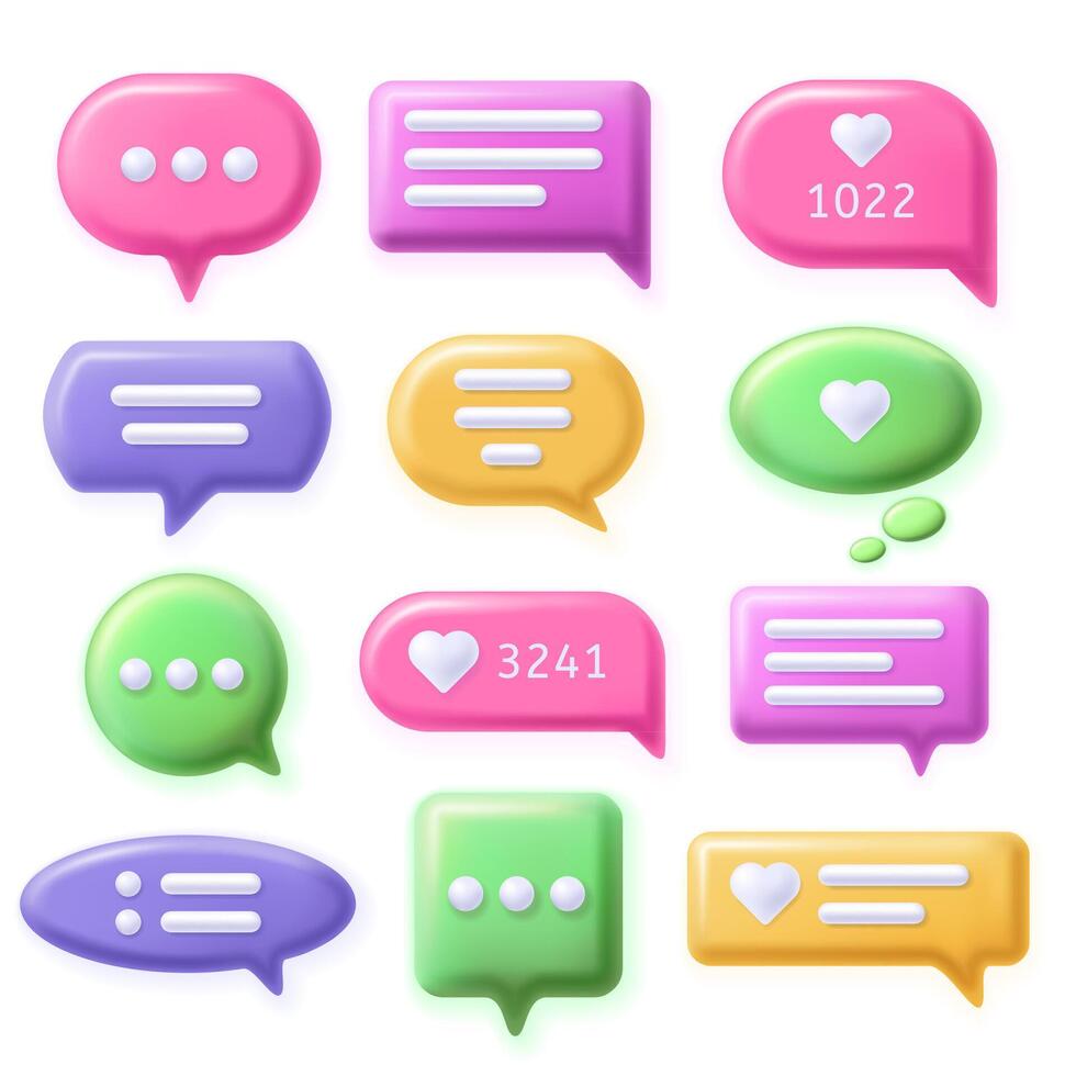 Speech 3d bubbles. Talk message buttons, text chat app elements and dialog messages shapes icons ...