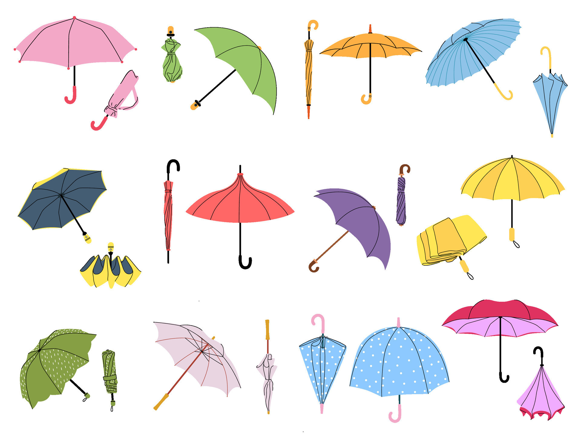 Various umbrellas. Folded parasol, open umbrella for rainy weather. Different shape accessories ...