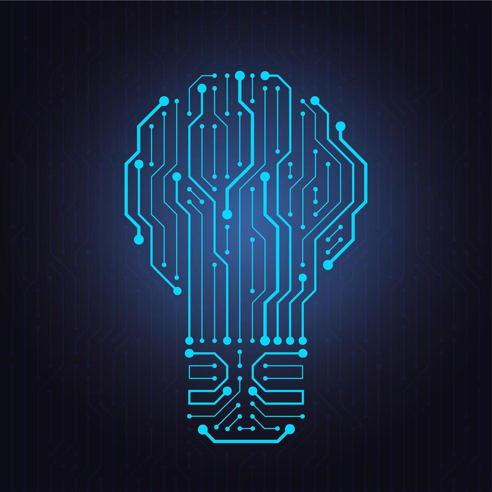 Circuit board light bulb. Tech idea, digital artificial Intelligence thought and computer ...
