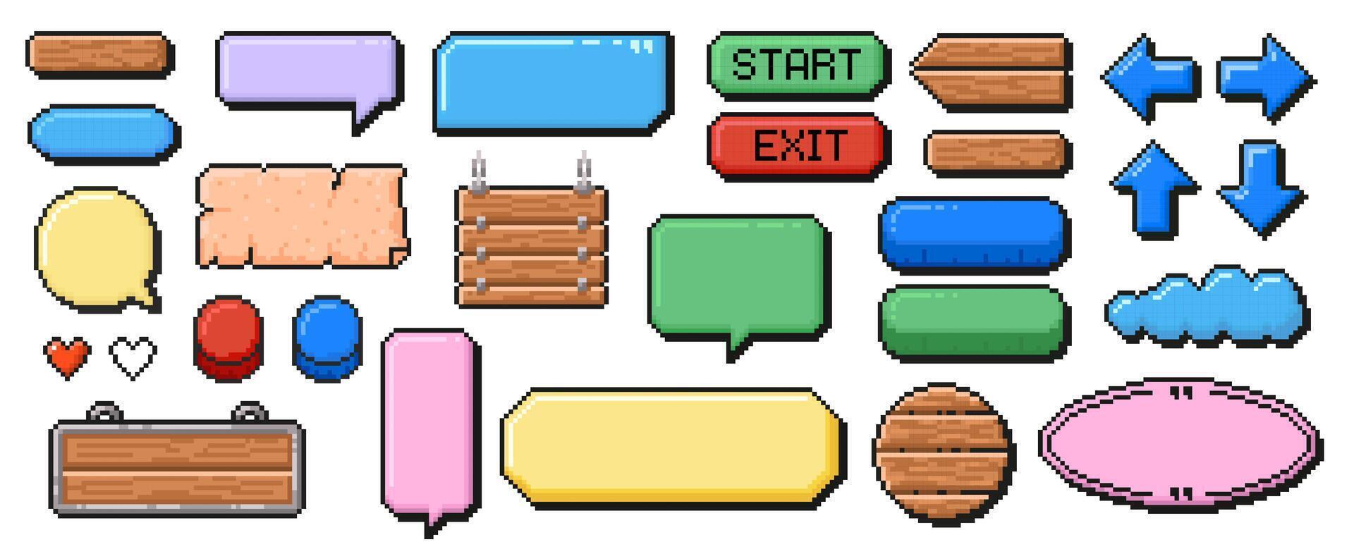 Pixel art frames. Retro 8 bit buttons, arrows, speech bubble messages and quote frame. Game UI ...