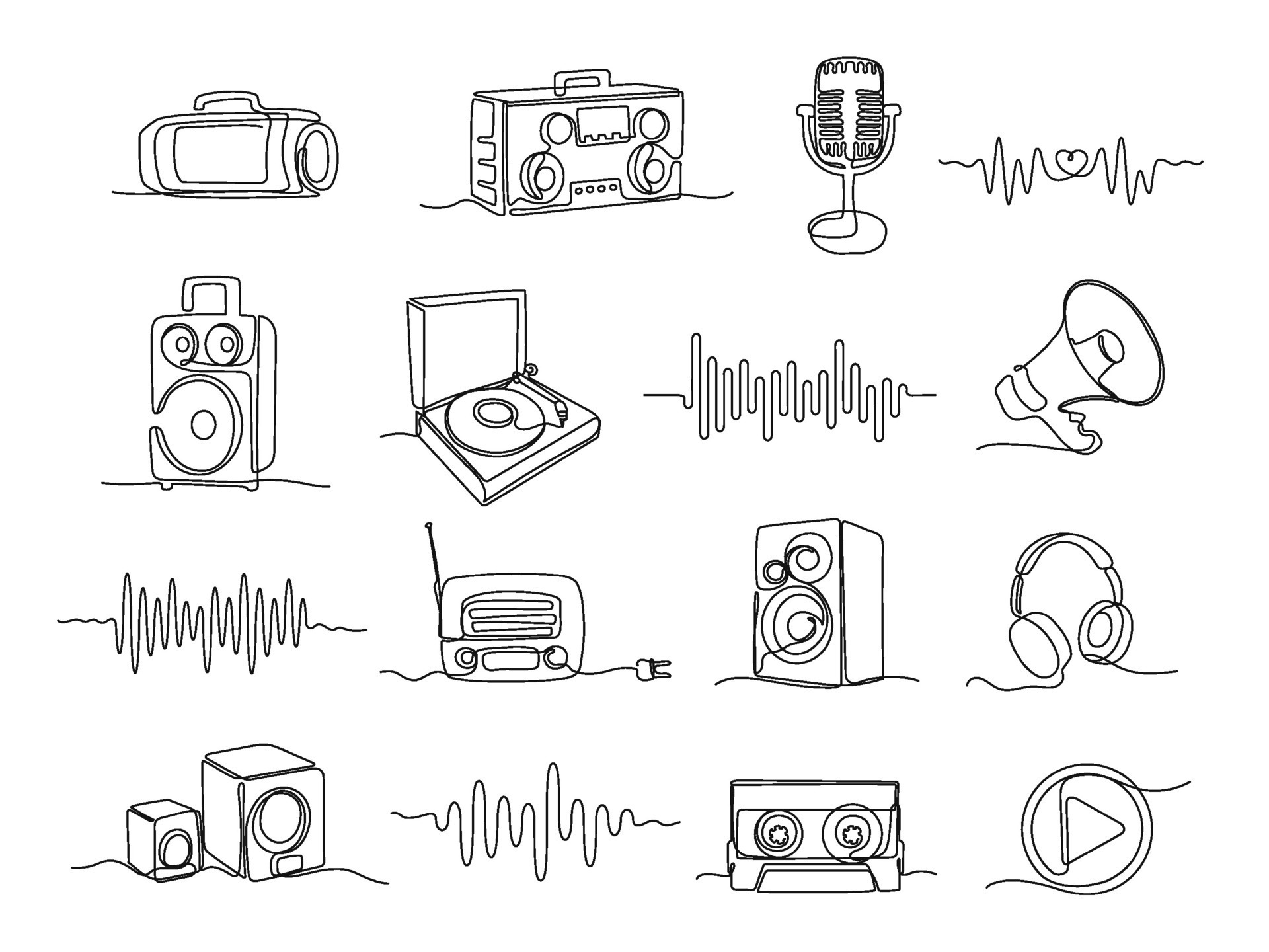 Continuous one line sound illustrations. Linear sound wave, audio ... Continuous one line sound illustrations. Linear sound wave, audio ...